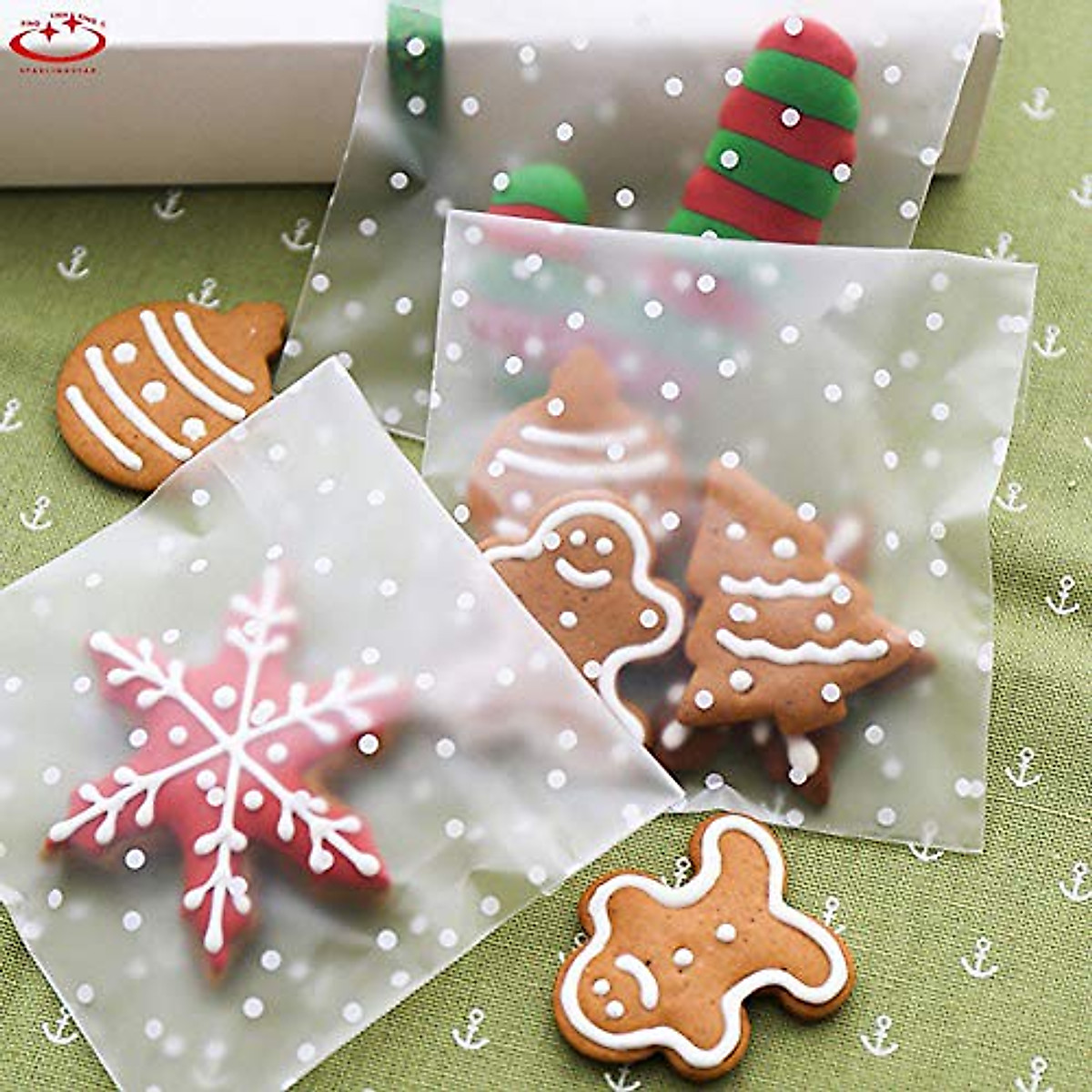 Self Sealing Cookie Bags Cellophane Treat Bags, Searik White Polka Dot Party Pastry Candy Bags For Cookie Wedding Party Gift Giving 100 Bags with 100 Thank You Labels (5.5 x 5.5 inches, 100 Pcs)