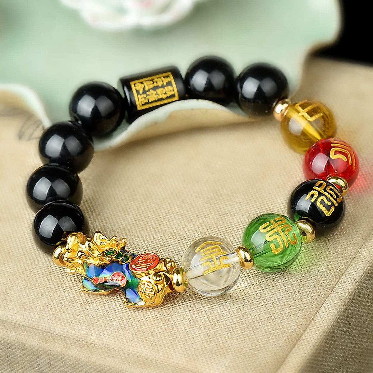 LOTONJT Feng Shui Wealth Bracelet Five Element Five Gods of Wealth Pixiu Bracelet Chinese Antique Style Metaphysical Jewelry Vietnamese Gold Pi Yao Crystal Bracelet,Style a