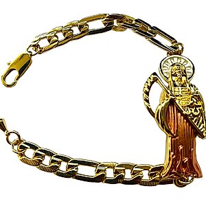 Grim Reaper ID Bracelet 3 tone Cuban Links Pulcera de La SANTA MUERTE, 9 inch