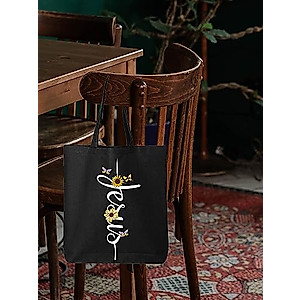 shop4ever Jesus Script Cross with Flowers and Butterflies Eco Cotton Tote Reusable Shopping Bag Black ECO 1