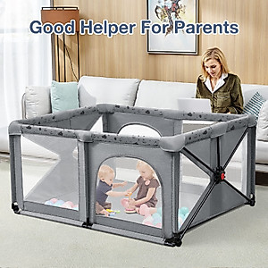 Foldable Baby Playpen, ALVOD 59 * 47 inches Portable Playpen for Babies and Toddlers Indoor & Outdoor Kids Safety Playpen with Carrying Bag, Dark Gray