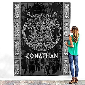 Personalized Custom Name Viking Odin The Northern God Celtic Raven Scandinavian Norse Runes Helmet Sign Birthday Christmas Fleece Sherpa Blanket Bed Throw Size Tapestry Wall Hanging (Version 3)