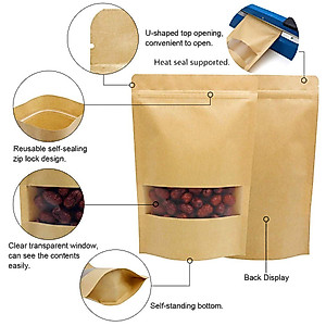 50pcs Kraft Paper Bags with Window Resealable Zip Lock Food Storage Bags Heat Sealable Stand Up Brown Paper Pouches for Cookies Coffee Tea 1lb 8×12in