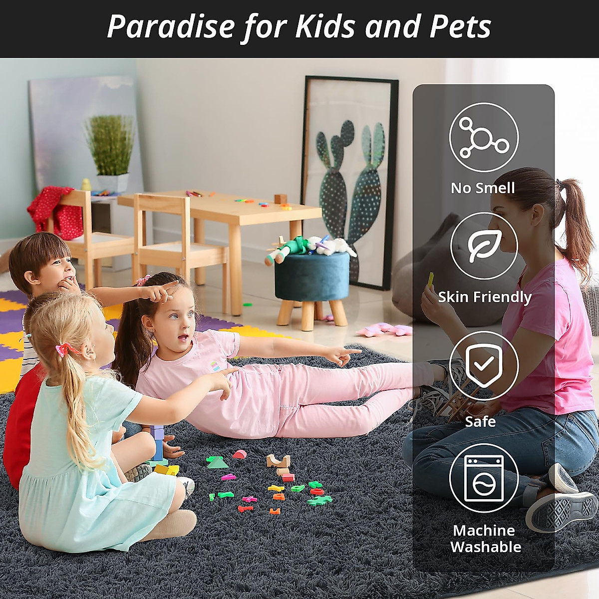 HOMBYS Fluffy Large Area Rug for Living Room 9x12 Feet, 2.4" Plush Dark Grey Carpets for Bedroom Childern Nursery Teens Room, Super Soft Shaggy Furry Rugs Machine Washable Home Decor