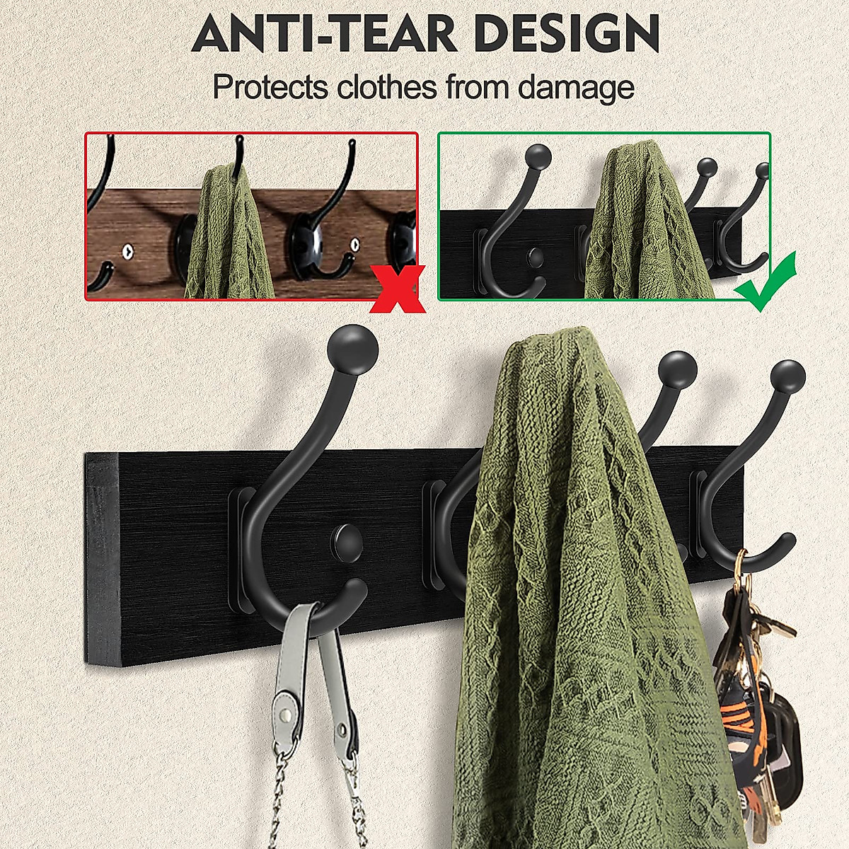 Coat Rack Wall Mount, Wooden Modern Coat Hooks,Entrance Coat Rack with 4 Wall Hooks,Wall Mounted Coat Rack for The Entrance,Living Room, Bedroom,Bathroom (Black)