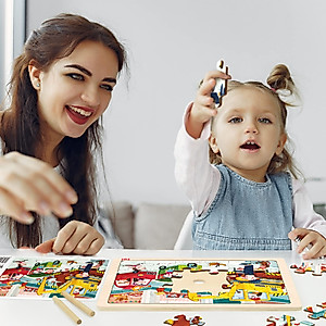 Toi 24 PCs Wooden Puzzles for Kids Toddlers Animal Jigsaw Puzzles with Wooden Bracket Age 3+ Educational Preschool Toys,Construction Car