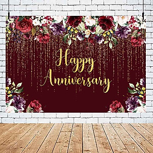 MEHOFOND 10x7ft Happy Anniversary Backdrop Gold Glitter Burgundy Wedding Anniversary Photography Background Couple Wedding Women Birthday Floral Party Decoration Cake Smash Decor Studio Photo Backdrop