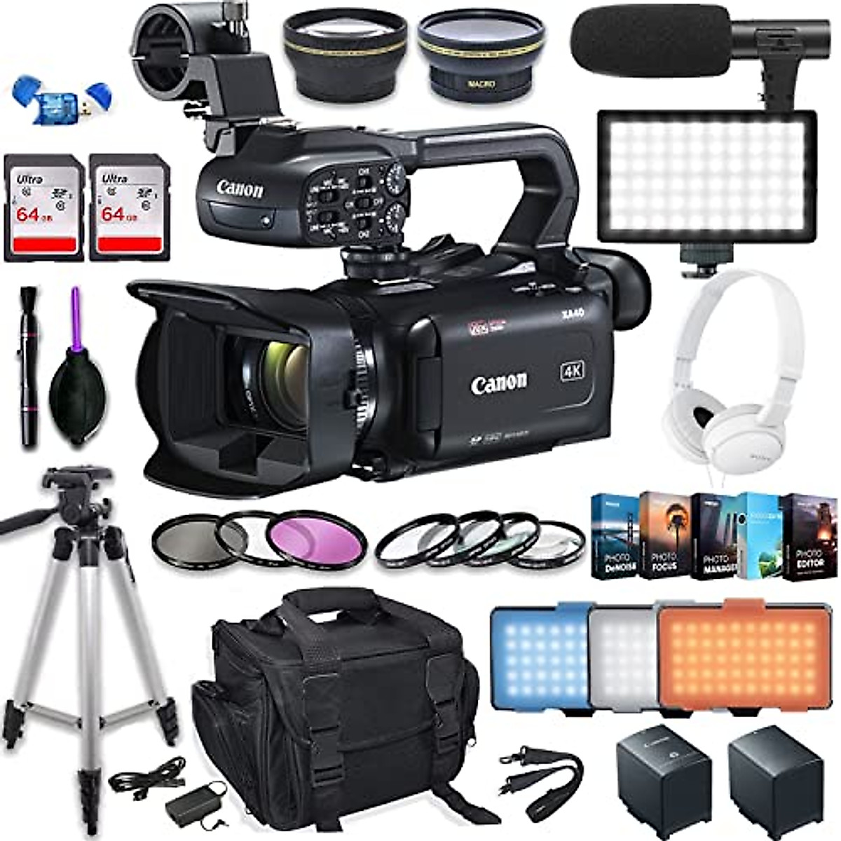 Canon XA40 Professional UHD 4K with Sony Headset, Video LED Light, 2 x 64gb Memory Card, Video/Photo Creator Software, Wide-Angle and Telephoto Lenses, Microphone and More (33pc Bundle) (Renewed)