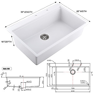 33 White Drop In Kitchen Sink Workstation-iAnomla 33x22 Drop-in Topmount Quartz Composite White Kitchen Sink Drop In Workstation Single Bowl Kitchen Sink with Cutting Board&Drain