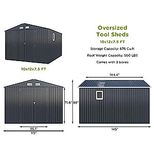 VanAcc 10x12x7.5 FT Outdoor Storage Shed, Galvanized Steel Metal Garden Sheds Kit with 2 Light Transmitting Window and Double Lockable Door, Oversized Tool Sheds for Backyard Patio Dark Grey/White