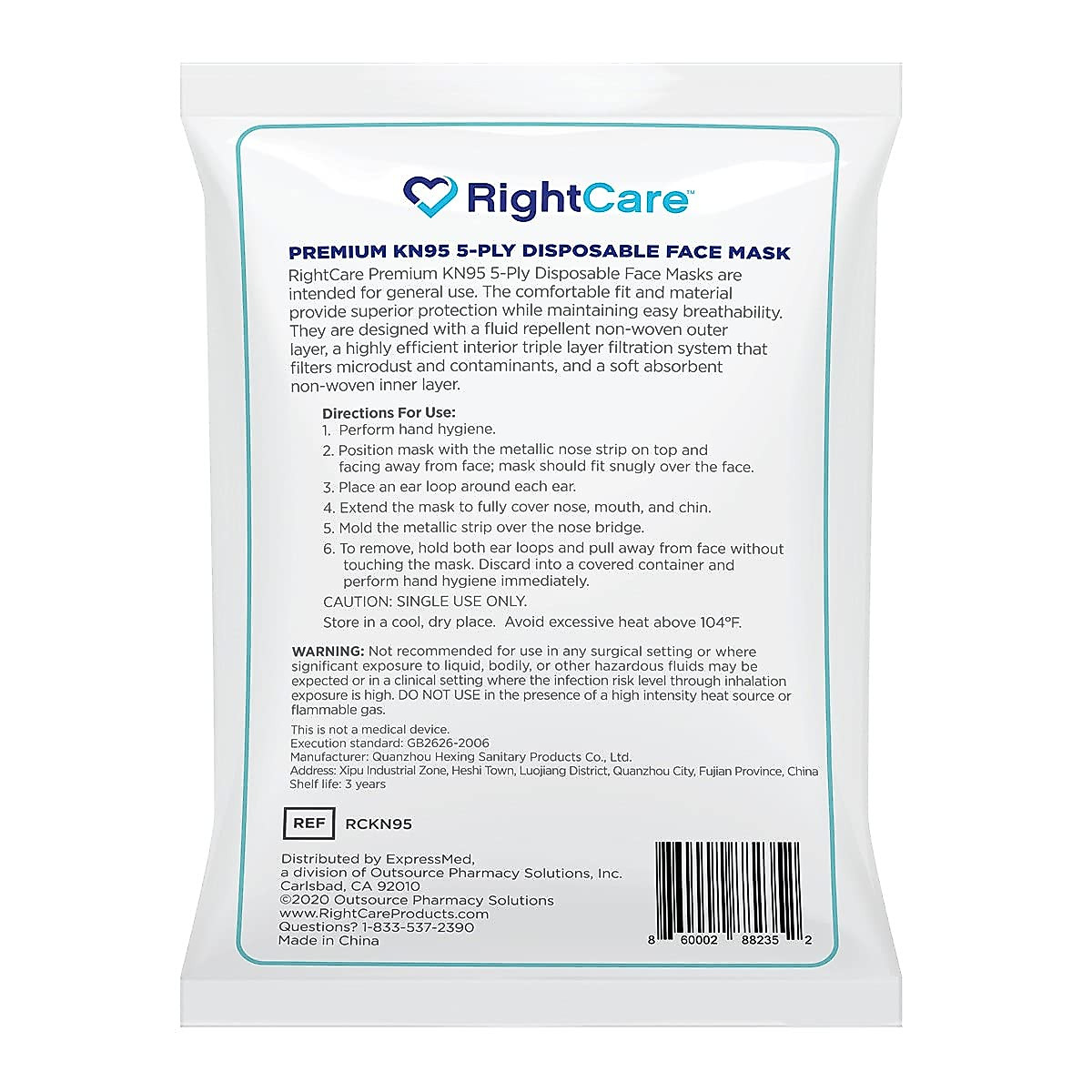 RightCare KN95 Protective Face Mask (Non-Medical) with Ear Loops and Shapeable Nose Bridge, Universal Size 10ct Pack