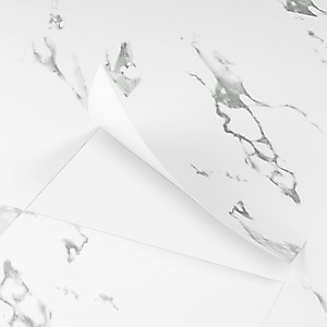 FunStick 12"x24" 15 Pcs White Peel and Stick Floor Tile Marble Vinyl Flooring for Bathroom Floor Tiles Peel and Stick Wall Tiles Waterproof Grey Stick on Flooring Sticky Tiles for Kitchen RV Flooring