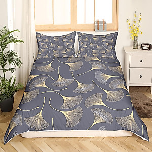 Ginkgo Leaf Duvet Cover Set King Size,Rustic Leaves Autumn Plant Comforter Cover with 2 Pillowcases Bedspread,Nature Botanical Grey Golden Microfiber Quilt Cover for Adult Women,3 Pcs