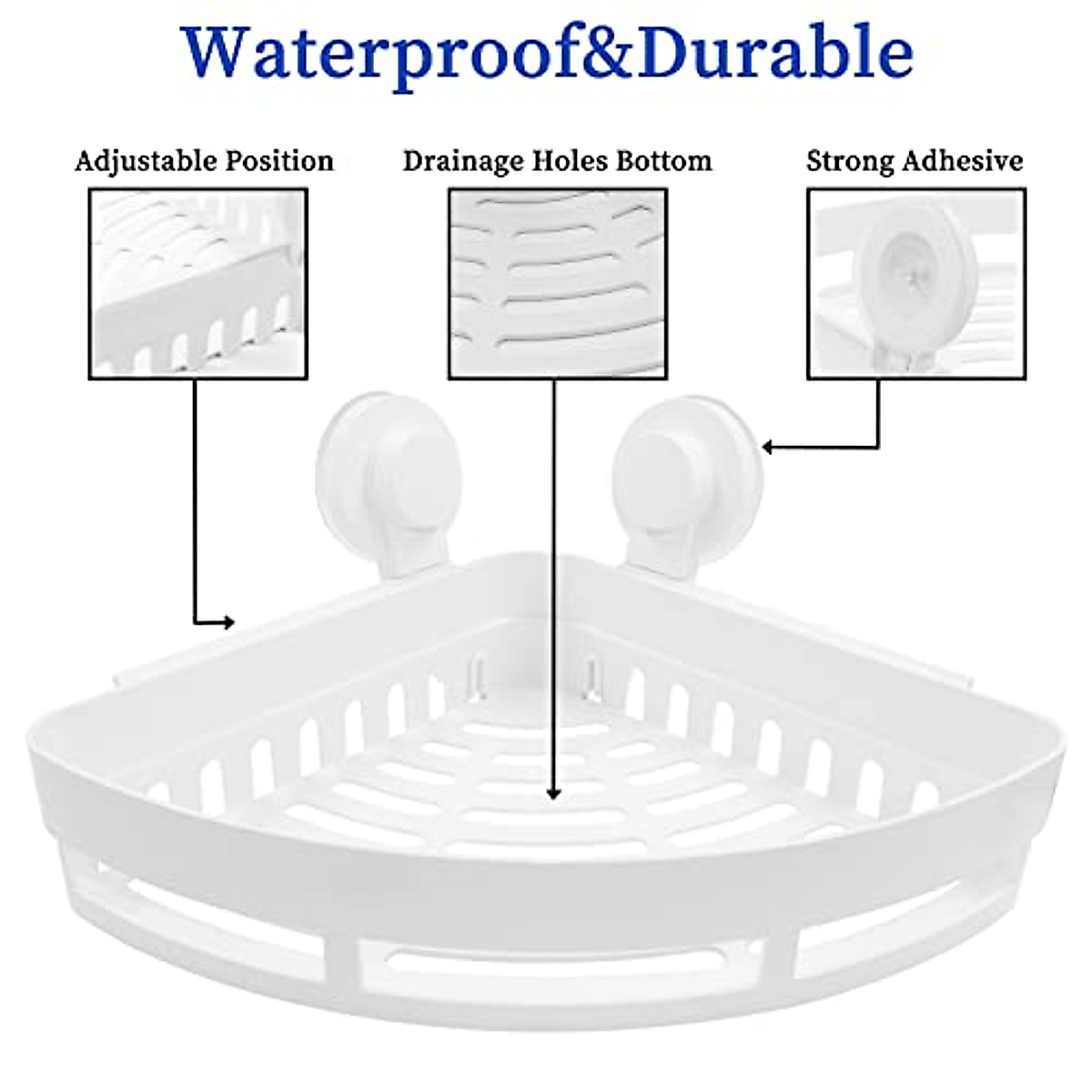suiwotin Corner Shower Caddy Suction Cup, Vacuum Adhesive Bathroom Shower Shelf, No-Drilling Removable Shower Storage Organizer, Waterproof Shower Basket for Kitchen (White)