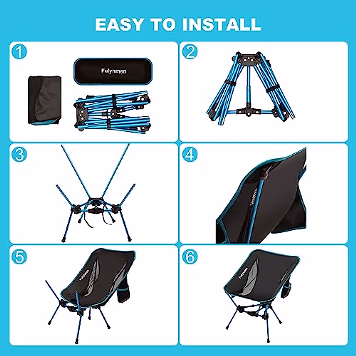 Fulynmen Lightweight Folding Camping Chair Comfortable Compact Chair for Adult Supports 330 Lbs Stable Portable Lawn Chair with 2 Side Pockets for Outdoors Camp Beach Backpacking Travel Blue