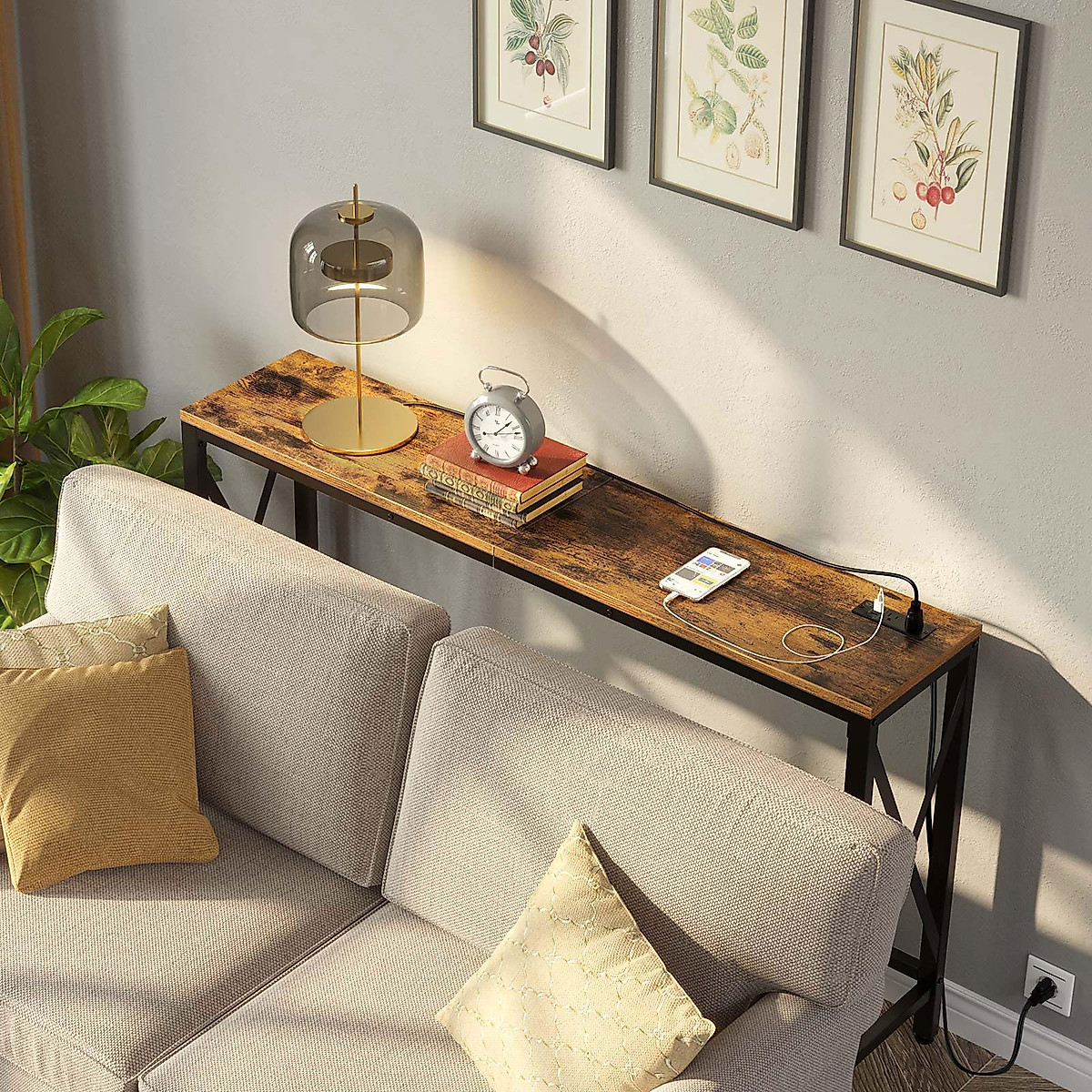 Rolanstar Console Table with Power Outlet, Narrow Sofa Table, 55.1" x 11.8" Farmhouse Table Behind Sofa Couch Hallway Entrance for Living Room, Entryway, Foyer, with Metal Frame, Rustic Brown