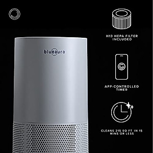 BLUE AURA PURE Air Purifier. H13 True HEPA Filter. Ideal for Home, Bedroom, Living room, Kitchen. Ozone-Free. 26db Quiet & Powerful. Wifi & App Enabled. Cleans 215 sq. ft in 15 min. AUTO. Slate Gray.