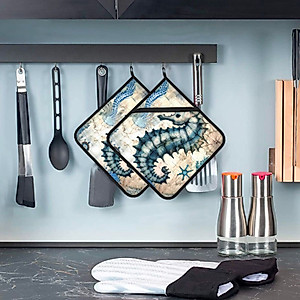 Pot Holders Set of 2, Ocean World Sea Animals Seahorse Heat Resistant Kitchen Non Slip Printed Cooking Barbecue Baking Microwave