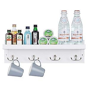 Hoanvi Floating Shelves with 8 Hooks for Bathroom Coat Rack, Wood Wall Key Holder Hooks Storage for Photo Ledge Display, Wall Mount Shelf Organizer for Kitchen Spice Rack, Entryway Decor. (White)