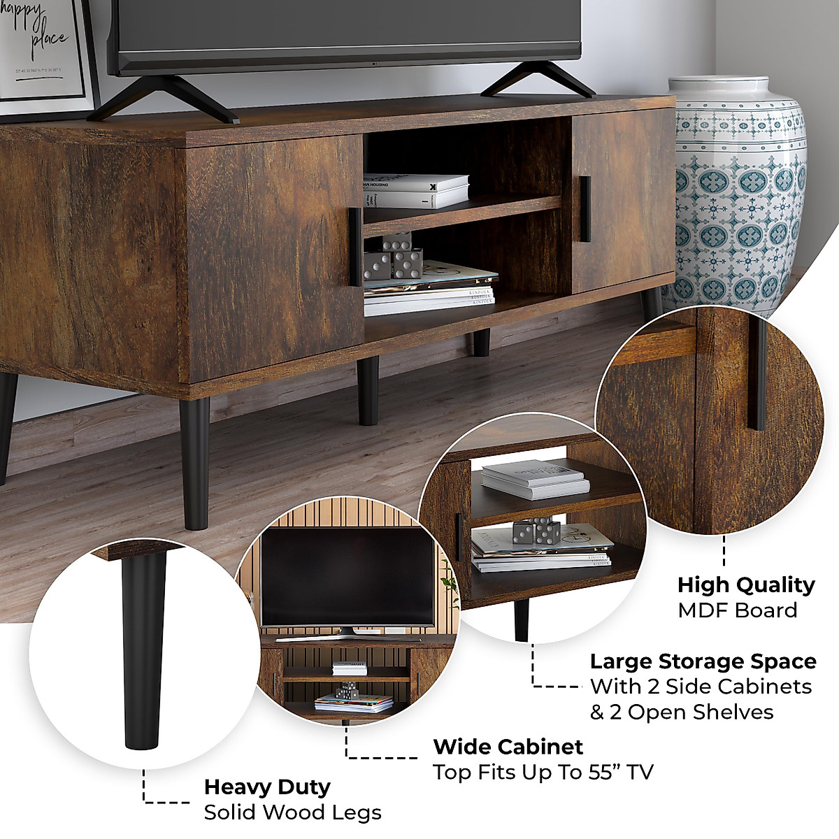 Lifetime Home Mid-Century Modern 45" TV Stand with 2 Side Doors Entertainment Center Console for Living Room Bedroom Office- Supports up to 55 Inch TV & 150 lbs Large Cabinet w/Shelves