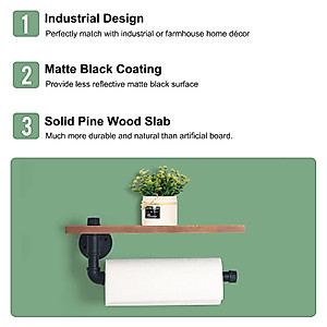 HouseAid Industrial Pipe Paper Towel Holder with Shelf, Rustic Farmhouse Paper Towel Rack for Bathroom, Kitchen, Wall Mounted, Matte Black