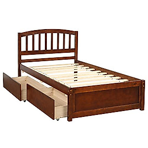 Harper & Bright Designs Twin Bed Frame, Wood Platform Bed with Storage Drawers and Headboard (Walnut)