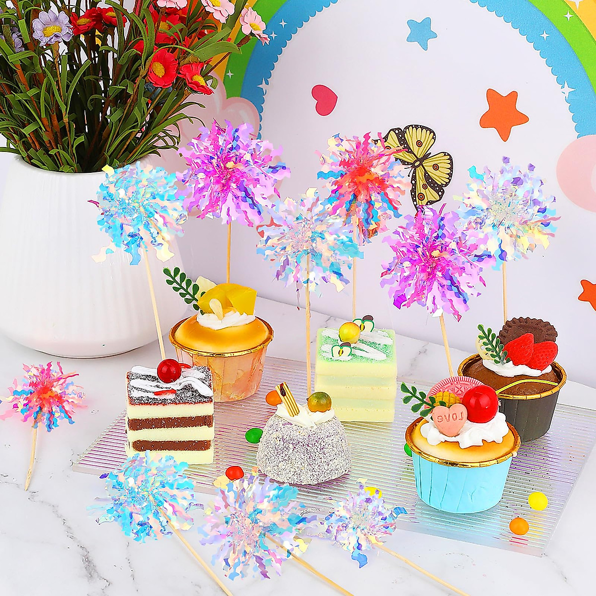 YUXIANLB 10Pcs Happy Birthday Cake Toppers, Foil Firework Cupcake Toppers, Sparkle Tinsel Cake Toppers Cocktail Food Toothpick for Birthday Wedding Baby Shower Graduation Party Supplies