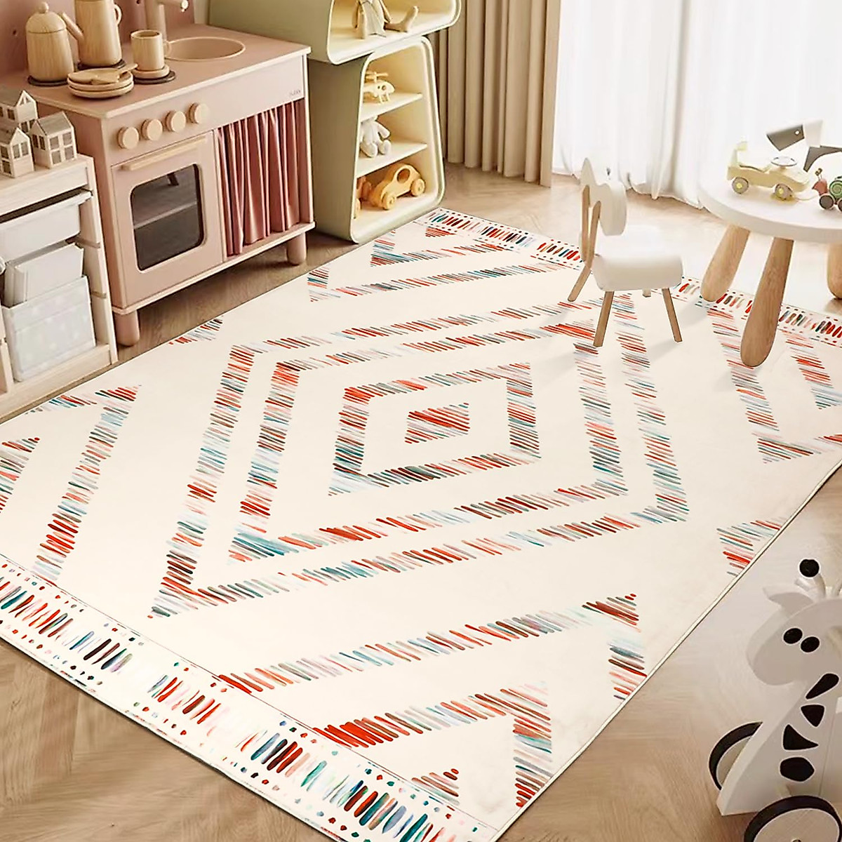 Geanlod Boho Beige Area Rugs 5x7 Washable Non Slip Modern Living Room Rug Low Pile Bedroom Rug Geometric Faux Wool Throw Carpet for Dining Room Bathroom Kitchen Home