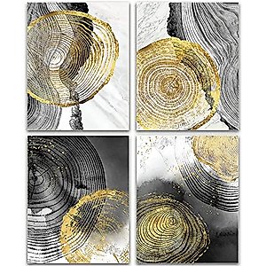 Black and Gold Annual Rings Wall Art, Tree Ring Art Prints, Retro Abstract Minimalist Annual Ring Art Canvas Painting for Living Room Bedroom Kitchen Office Wall Decor, Set of 4 (8"X10" Unframed)