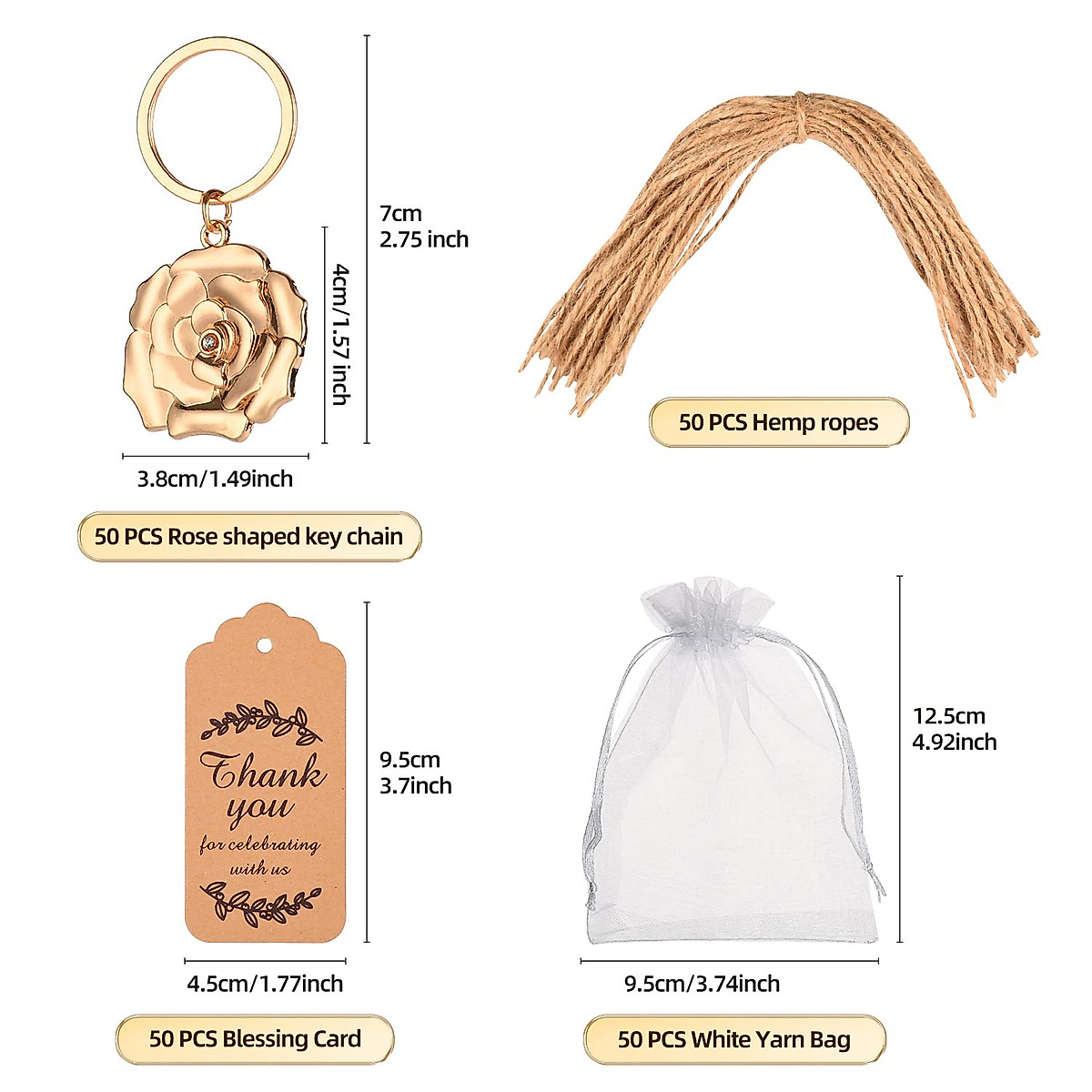 KaGrbves 50pcs Keychains/Keyrings for Baby Shower,Wedding or Bridal Shower Party Favors,Gift,Souvenirs to Guests Bulk with Gift Tags and White Bags(Rose flower)