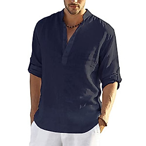 COOFANDY Mens Cotton Linen Henley Hippie Casual Beach T Shirt, Navy Blue, X-Large, Long Sleeve