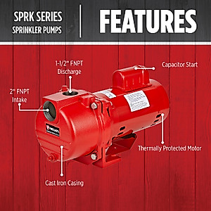 Red Lion RL-SPRK200 230 Volt, 2 HP, 76 GPM Cast Iron Sprinkler/Irrigation Pump with Thermoplastic Impeller, Red, 97102001