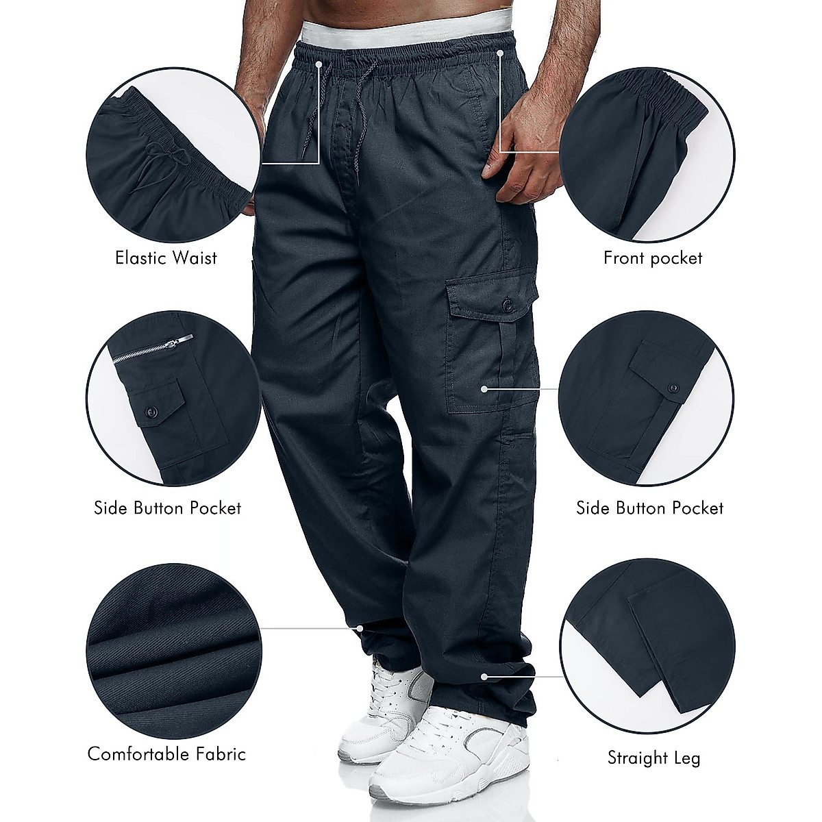 Men's Cargo Pants Relaxed Fit Sport Pants Jogger Sweatpants Drawstring Outdoor Trousers with Pockets Navy Blue 4XL