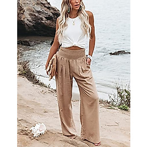 Mingzhu Women's Cotton Linen Loose Fit Palazzo Pants Casual High Waist Stretchy Wide-Leg Trousers with Pockets (0546-Khaki-L)