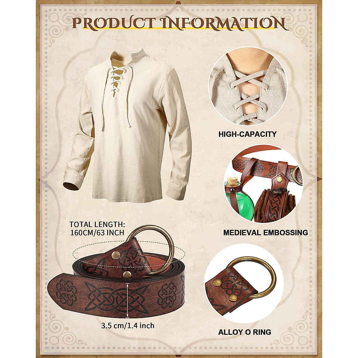 Ramede 6 Pcs Men's Renaissance Costume Set Medieval Pirate Shirt Leather Arm Guards Viking Belt Medieval Bag Accessories(X-Large)