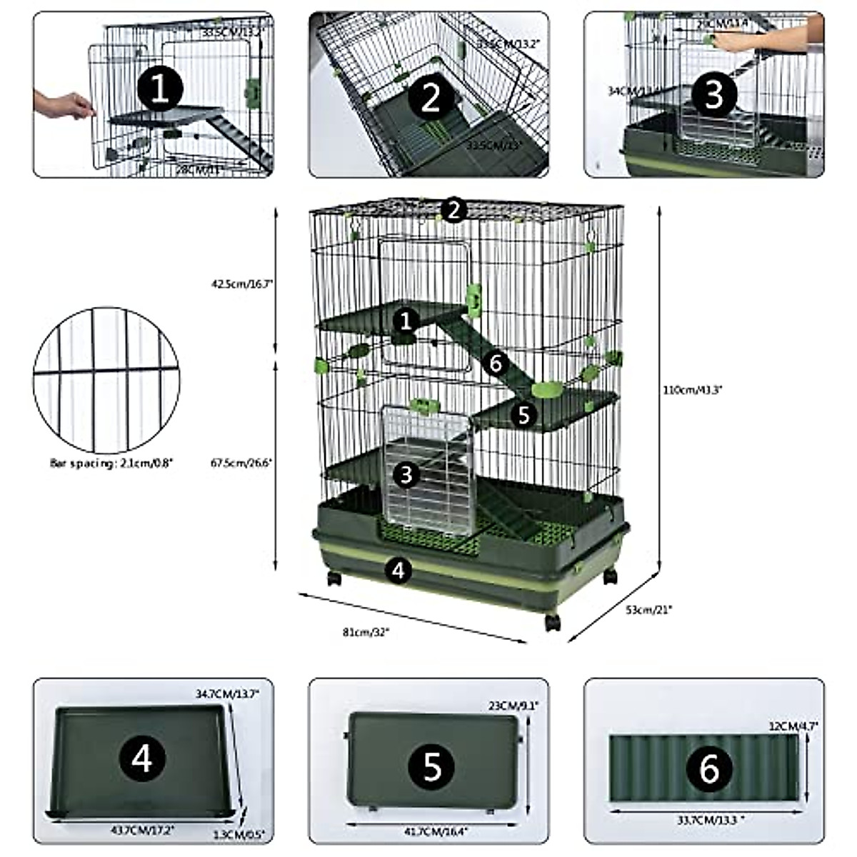 Origeture 4-Level 32" Metal Small Animal Cage Height Adjustable Rabbit Chinchilla Ferret Bunny Cage with Lockable Casters Grilles Slide-Out Tray for Guinea Pig Squirrel Hedgehog (Green)