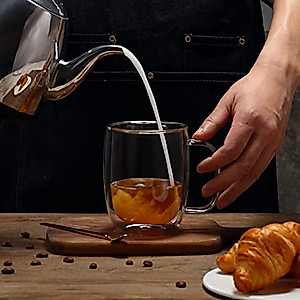 2-Pack 16 Oz Double Walled Glass Coffee Mugs with Handle Spoon,Insulated Layer Coffee Cups,Clear Borosilicate Glass Mugs,Perfect for Cappuccino,Tea,Latte,Espresso,Hot Beverage,Wine