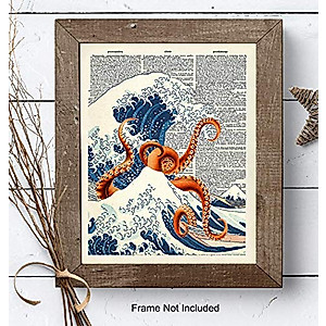 Japanese Kanagawa Wave Octopus Dictionary Wall Art Decor - Retro 8x10 Upcycled Home Decoration for Office, Apartment, Beach House, Living Room, Bedroom, Bathroom - Gift for Steampunk, Goth, Ocean Fans