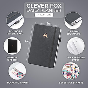 Clever Fox Planner Daily Premium – Undated Daily Planner with Hourly Schedule, Personal Organizer, Productivity Journal, 6 Months (Silver Black)