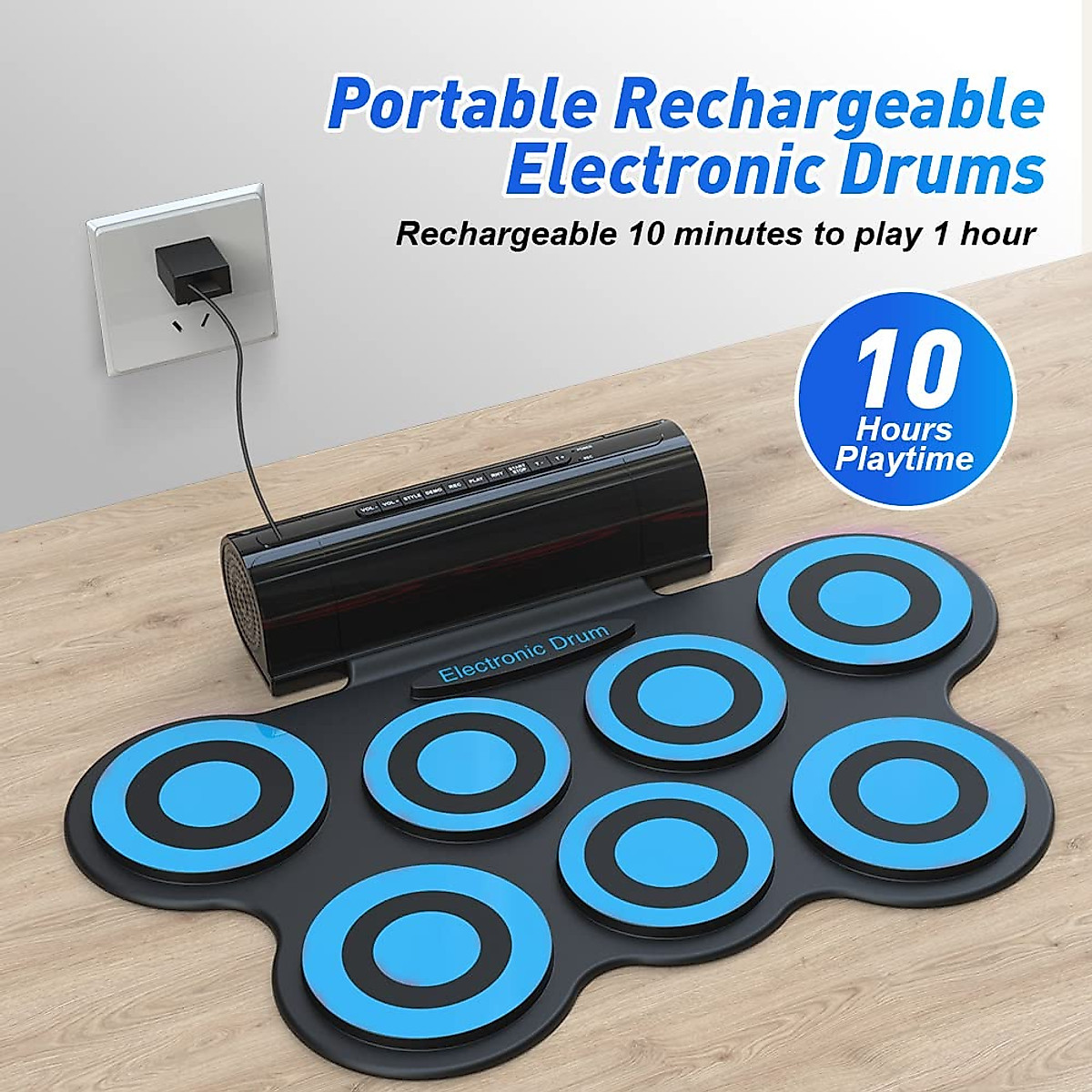 KONIX Electronic Drum Pad for Kids - 7 Pads Roll Up Electric Drum Kit Rechargeable - Digital Drum Sets with Headphone Jack, Speaker, Pedals, Demo Songs, MP3 USB Port, Sticks - Blue