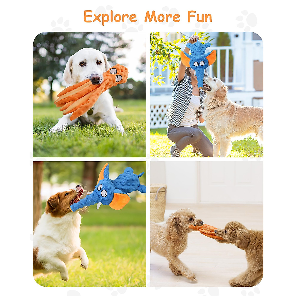 2 Pcs Dog Toys, Squeaky Dog Toys, No Stuffing Plush Dog Toys, Chew Toys with Crinkle for Puppy Teething, Durable Pet Toys for Small Medium Dogs, Elephant Blue + Octopus Dog Toys