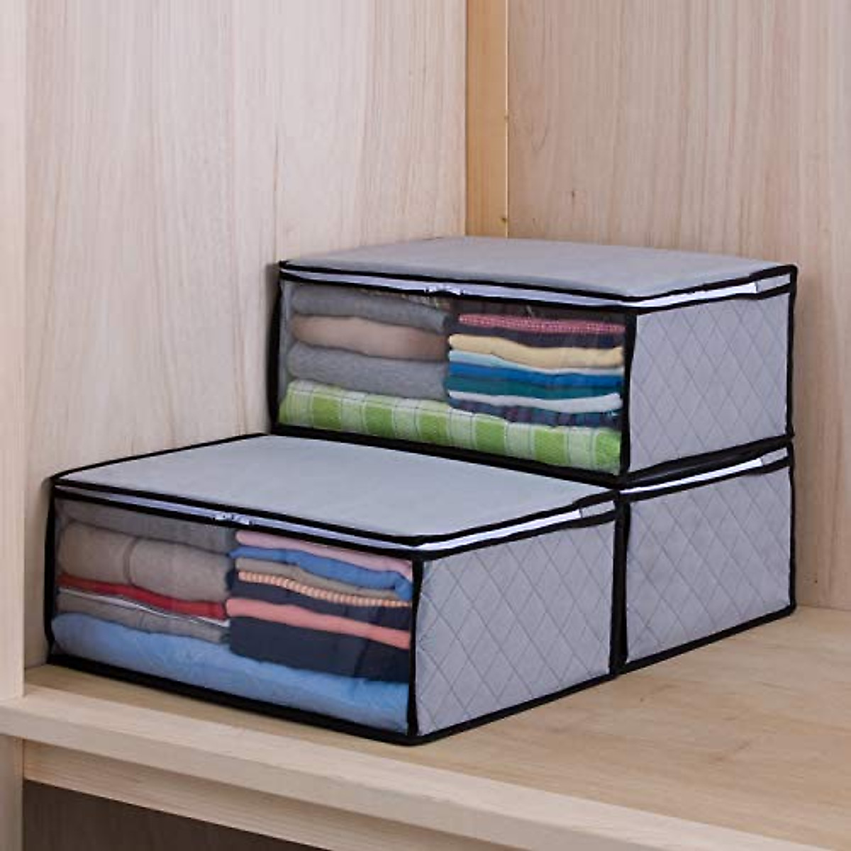 Astro Clothes Storage Bags, 3 Pack Clothes Storage Bins Foldable Closet Organizers with Activated Carbon , Breathable Material, Zipper, Clear Window for Sweaters, Coats, T-shirts, Blankets Grey, 171-01