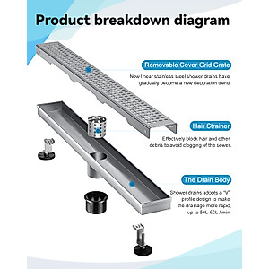 HTOH Shower Drain, Linear Shower Drain 24 Inch(Brushed Nickel),Modern 304 Stainless Steel Shower Floor Drain with Grate Removable, Adjustable Leveling Feet, Rectangular Shower Drain