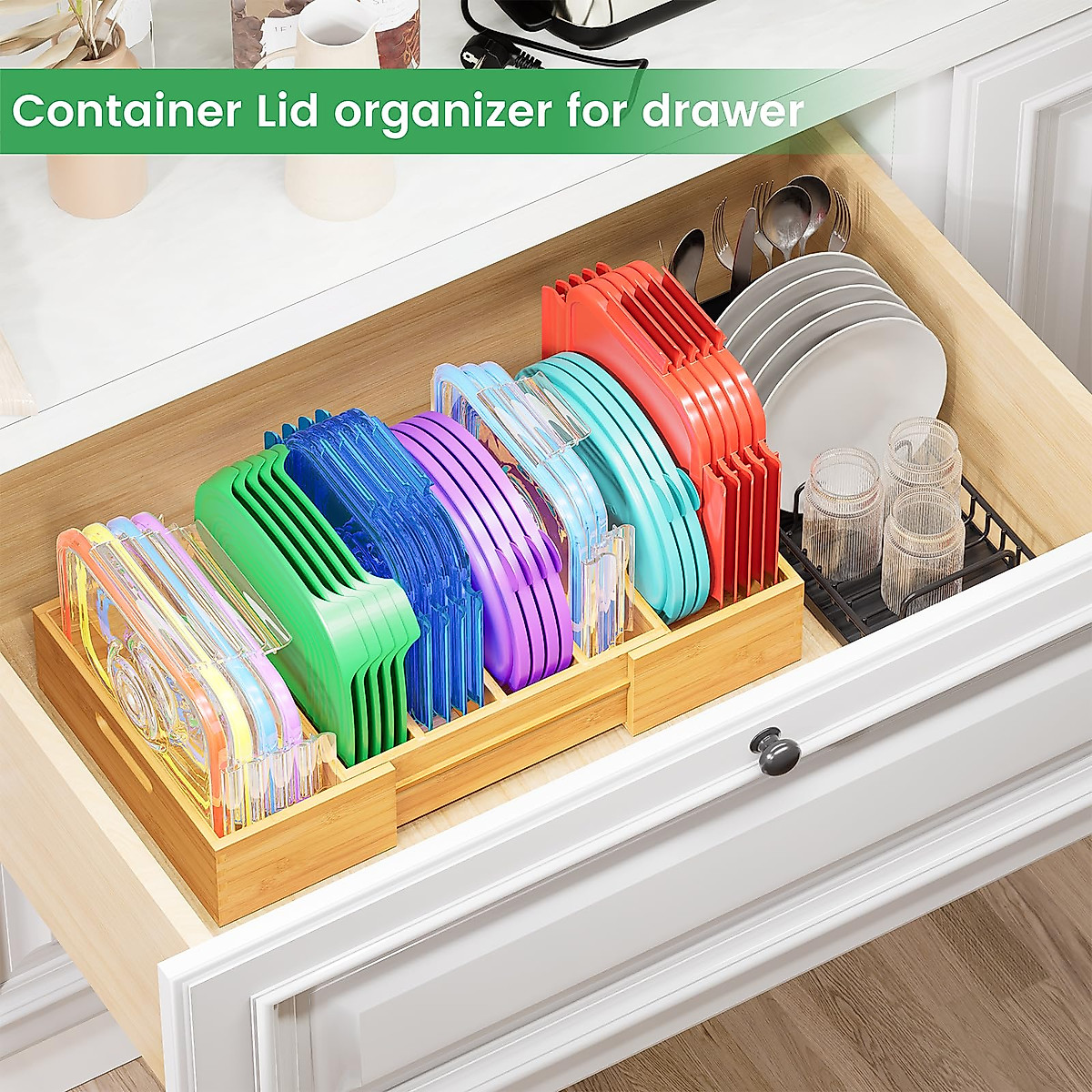 Kiasthome Expandable Bamboo Lid Organizers Inside Cabinet, Kitchen Cabinet Organizers with 3 Adjustable Dividers, Storage Plastic Lids, Food Container Lid Holder Organizer for Drawer Pantry, Nature