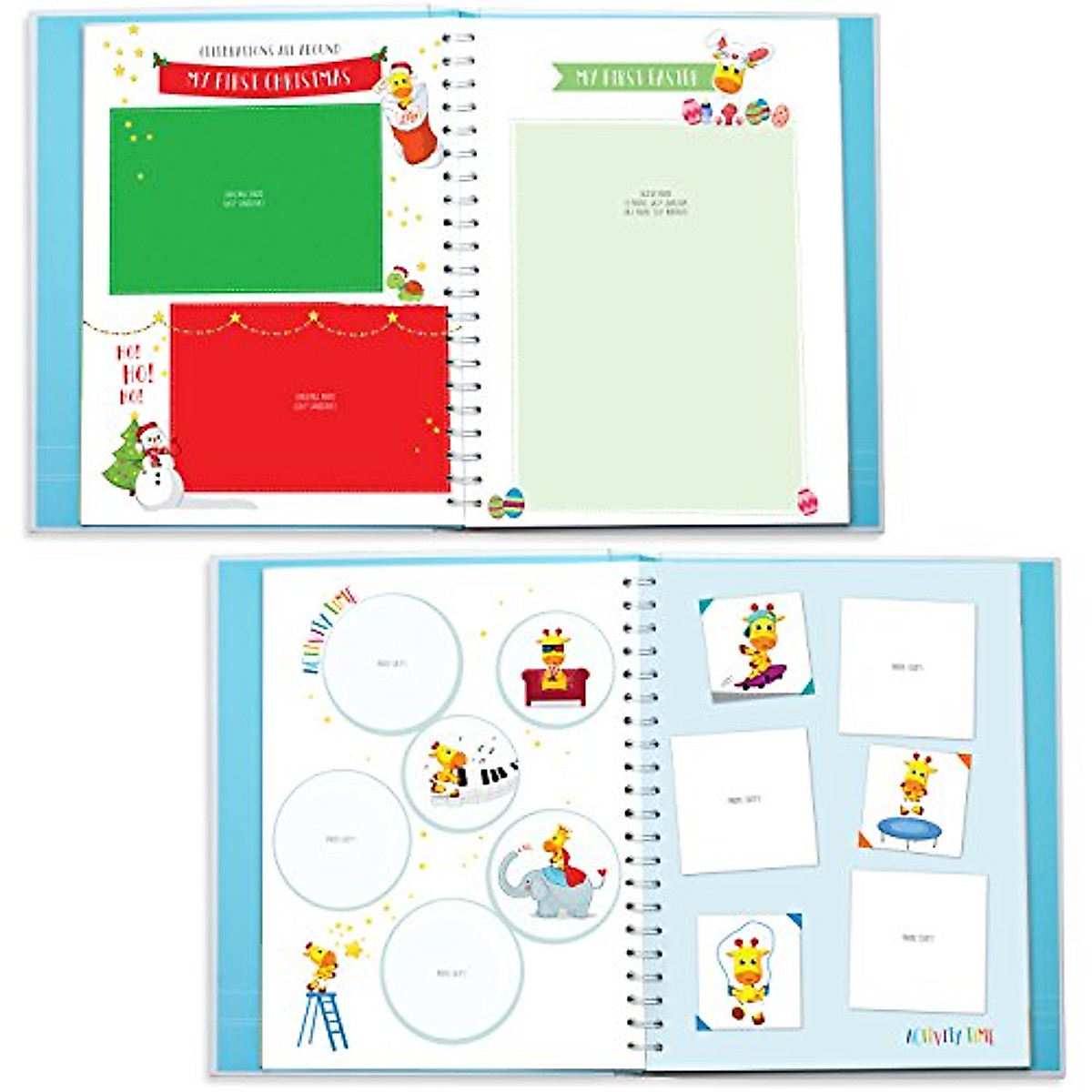 KiddosArt Baby Memory Book. Record Memories and Milestones of The First 5 Years On 72 Beautifully Drawn Pages Starring Lilly The Giraffe Blue. 12 Monthly Stickers Included.