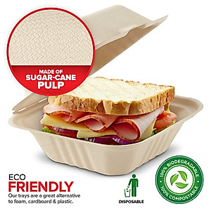 Clamshell Take Out Food Containers 6" x 6” (50 Pack) 1-Compartment, Disposable To Go Container, Togo Boxes With Lids, Trays for Lunch, Dinner, Meal-Prep, Eco Friendly, Compostable, Biodegradable