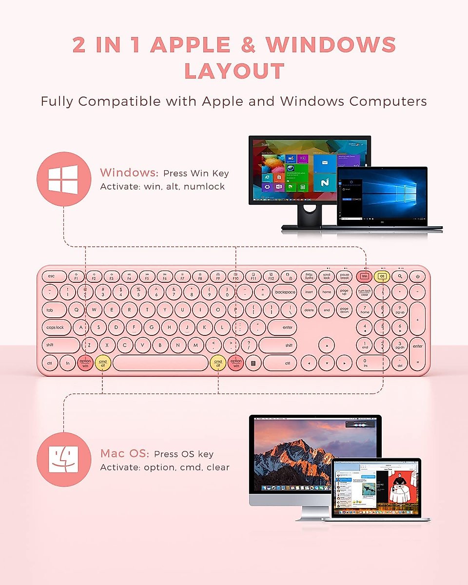 PEIOUS Wireless Keyboard and Mouse Combo, Cute Rose Gold Keyboard with USB and Type C Receiver, Round Keys, Compatible with MacBook, Windows 7/8/10, Laptops (Pink)