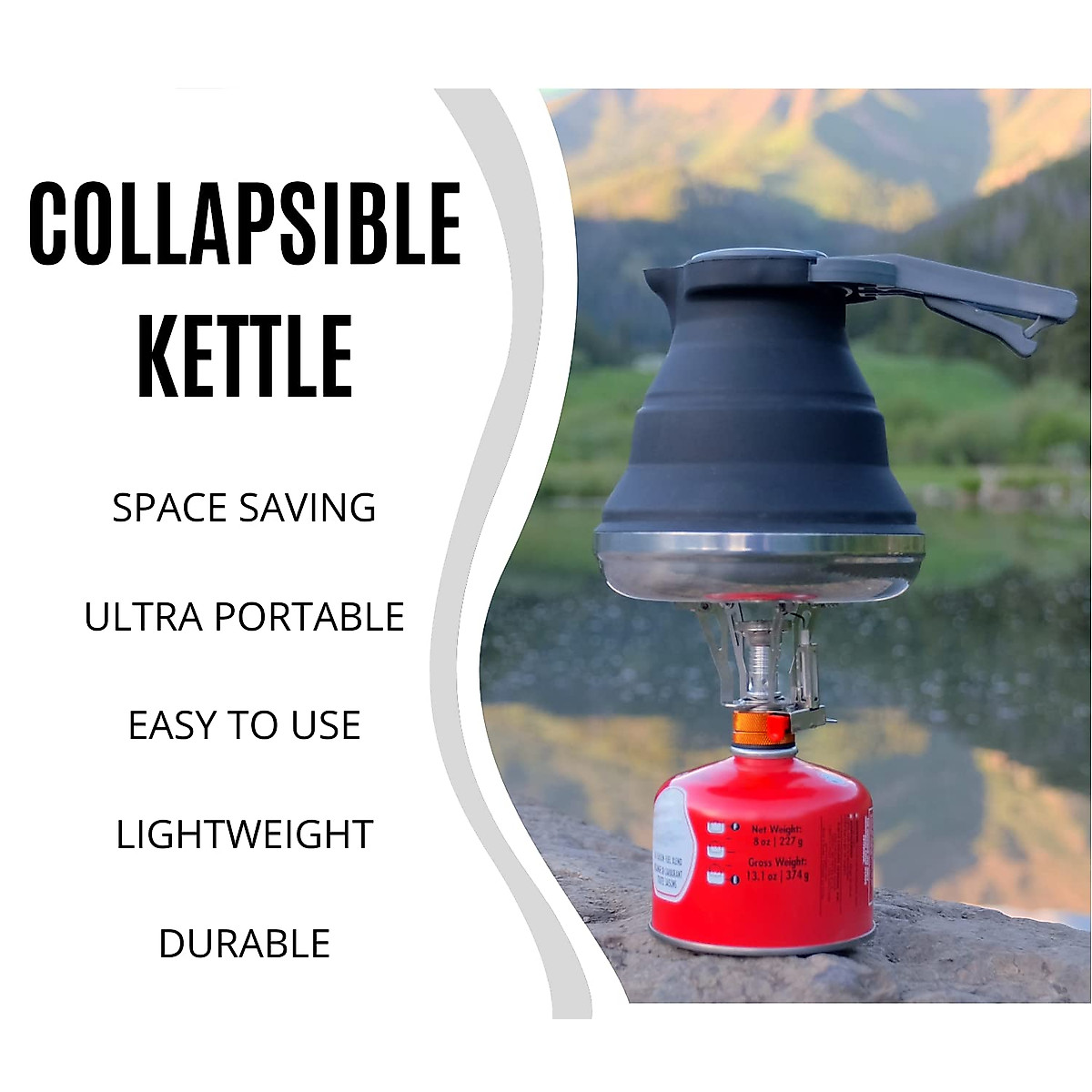 White Pine Collective Black Collapsible Silicone Kettle 50.72 oz - camping coffee pot, travel kettle, collapsible kettles for boiling water, small portable silicone tea kettle, outdoor camp pot