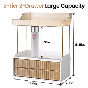 Delamu 2-Tier 2-Drawer Bathroom Organizer Countertop, Multi-Purpose Makeup Organizer Countertop, Large Skincare Organizers, Exquisite Vanity Organizer, Amber