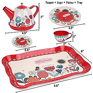 Tea Set for Little Girls, Pretend Play Tea Party Set, Floral Design Kids Tin Tea Set with Carrying Case (15 Pcs)